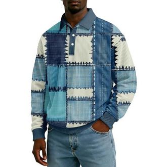 Generic Polo à manches longues pour homme - Col Henley - Style décontracté - Motif floral - Pour le tennis, le golf, Bleu ciel, XXL