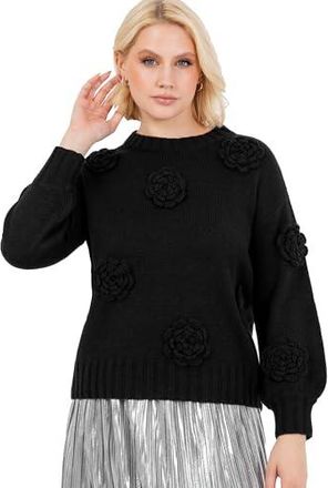 Lovedrobe Womens Jumper Ladies Round Neck Sweater Long Balloon Sleeve Floral Appliqué Elasticated Waist Cuffs Knitwear Pullover, Noir 52-54