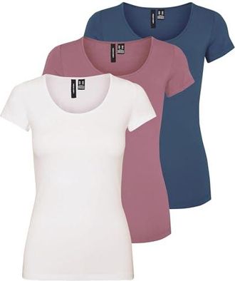 Vero Moda Vmmaxi My Ss T-shirt doux à col en U pour femme, Lot de 3 (Vintage Indigo, Mesa Rose, White Alyssum), XL