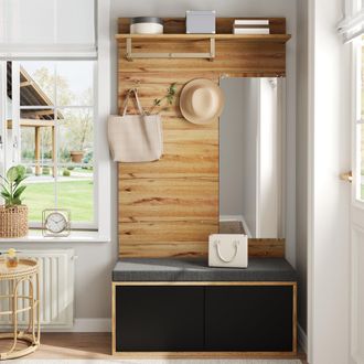 Generic Garderobenset 100 cm mit Spiegel und gepolsterter Sitzbank f&uuml;r kleinen Flur mit Schuhschrank Kleiderstange 6 Haken als Kompaktgarderobe in modernem We