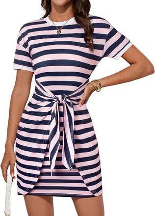 Grace Karin Robe dété à rayures pour femme - Manches courtes - Col rond - Mini robe décontractée, Rayures roses et bleues, L