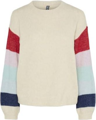 Pieces Pcdella Ls O-Neck Knit Mm BC Pull-Over, Bouleau/Rayures : Multicolore, M Femmes