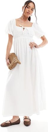 Daisy Street Robe longueur mollet en broderie anglaise avec manches bouffantes et détail noué sur le buste - Blanc cassé