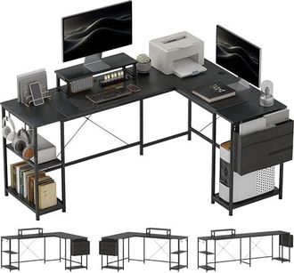 HOMCOM Bureau dangle modulable r&eacute;versible, Bureau avec Rangement 168-240 cm Style Industriel - &eacute;tag&egrave;re r&eacute;glable, Sac de Rangement, Support d&eacute;cran, Bureau dor
