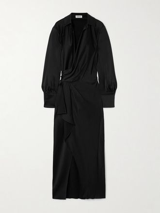 SIMKHAI Talita Midikleid Aus Satin Mit Wickeleffekt Und Raffungen - Schwarz