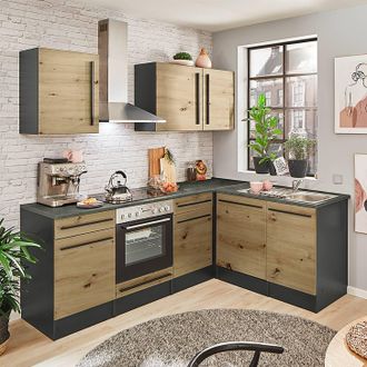 Casa home24 Eck-Küchenzeile 220cm Braun/Eiche Artisan Dekor mit Elektrogeräten