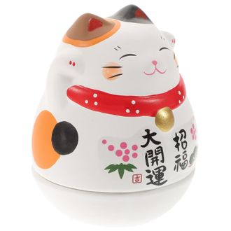 Cabilock Japanische Wei&szlig;e Keramik Winkekatze Mit Schwarzem Ohr Langlebiges Cat Tumbler Ornament Standsichere Desktop-Dekoration Kreatives Gl&uuml;ckskatze Modell F&uuml;
