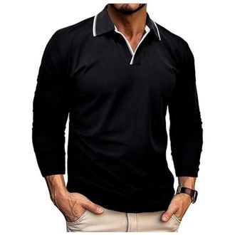 Generic Polo pour homme - Col en V - Manches longues - Revers - D&eacute;contract&eacute; - Business - Veste western dhiver, Noir, XXL