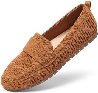 Dream Pairs Mocassin Femme Legers et Confortables, Loafer Tricote a Enfiler, Chaussures Plates Decontractees pour Travail, Marche et Usage Quotidien,Size 36.5,Bru