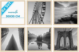 Photolini Bilderrahmen 30x30 Holz MDF Natur, 6er Set Bilderrahmen quadratisch 30x30, Foto Rahmen zum Aufhängen, Rahmen 30 x 30 mit Acrylglas & Zubehör - für Fot