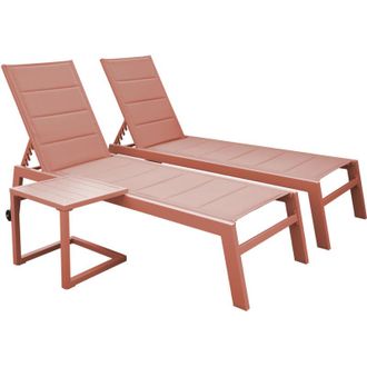 Happy Garden Set 2 bains de soleil et table dappoint BARBADOS en textil&egrave;ne terracotta - aluminium terracotta