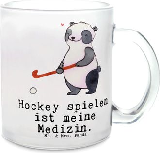 Mr. & Mrs. Panda Teetasse Panda Hockey Spielen - Geschenk, Teetasse aus Glas, Tasse mit Henkel, Sportler, Glas Teetasse, Auszeichnung, Feldhockey