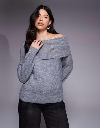 River Island Strickoberteil in Grau mit Carmen-Ausschnitt