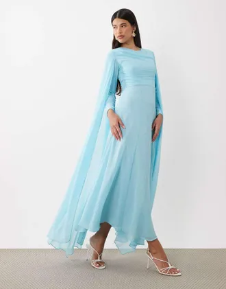 Beauut Robe longue ras de cou en mousseline &agrave; manches cape - Bleu vif