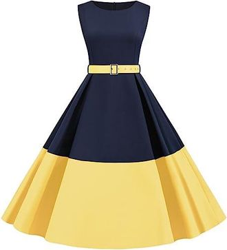 Generic Surdimensionn&eacute; Femmes Vintage Robe Bloc de Couleurs Ceintures Mode Vestidos Femme Bureau Robe Patchwork Femmes R&eacute;tro Robe Nouveau, jaune, Taille S