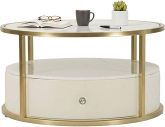 Dmora Wohnzimmertisch Stabia, Niedriger Wohnzimmertisch, Kaffeeregal, Couchtisch f&uuml;r Sofa, 75x75 h40 cm, Wei&szlig; und Gold - Dmora
