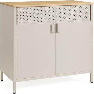 Songmics Meuble de Rangement, Buffet, en Métal, Double Porte, Fermeture Magnétique, Cadre en Acier, 40 x 80 x 76 cm, Beige Sable et Beige Naturel LSC102L01