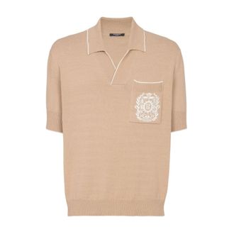 Balmain Besticktes Logo V-Ausschnitt Kurzarm T-shirt - - Tops - Herren - Beige - S