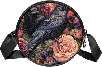 Generic Sac à bandoulière rond pour femme, motif corbeau et floral, petit sac à dos à bandoulière avec fermeture éclair, bretelles réglables, sac à main rond 