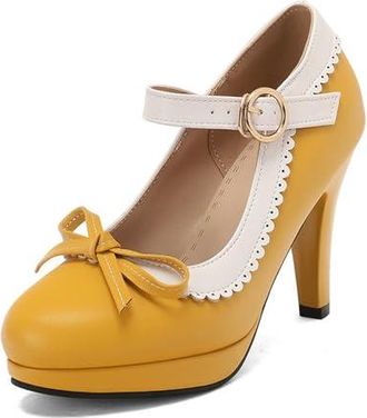 Generic Escarpins Mary Jane &agrave; bout rond pour femme avec noeud color&eacute; et boucle &agrave; talon &eacute;pais pour f&ecirc;te, jaune, 38.5 EU