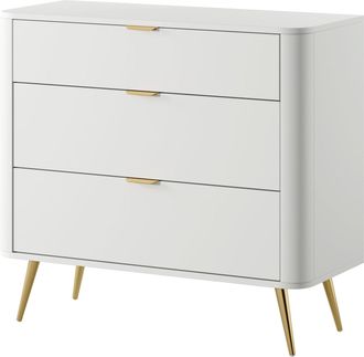 Selsey Wei&szlig;e Kommode mit Schubladen 84 x 93 x 38 cm - 3 Gro&szlig;e Schubladen - Ovales Design mit Goldfarbenen Metallf&uuml;&szlig;en - Abgerundete Kanten - Laminierte Platt