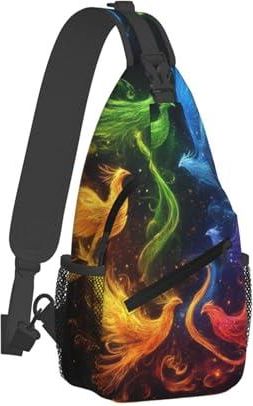 Generic Polyester Sacoche Homme Bandouliere Oiseaux de flammes de feu color&eacute;es Art noir Sac De Poitrine R&eacute;glable Sac Poitrine pour Homme Randonn&eacute;e Femme