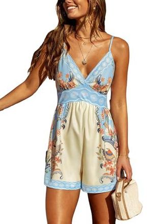 Cupshe Combinaison d&eacute;t&eacute; pour femme - Col en V - Sans manches - Motif floral - Jambes larges - Pour la plage et les loisirs, bleu/beige, XL