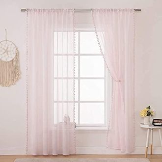 Miulee Rideau Voilage Rose avec Boule Peluche, Decoration Rideau Chambre Fille Salon Lot de 2 (2X L140 x H160 cm), Voilages Fenetre Intérieurs Passe Tringl, 