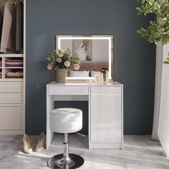 Vicco Schminktisch Sherry, Weiß/Weiß Hochglanz, 89.8 cm mit LED-Spiegel und Hocker