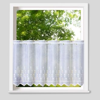 Heimtexland Scheibengardine Voile Stickerei Tulpe Transparent Deko Gardine Landhaus Bestickt Fensterdekoration BistrogardineTyp818 Weiß - Ecru HxB 30 x 148 cm