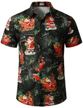 JOGAL Chemise de No&euml;l Funky &agrave; Manches Courtes pour Homme - Hawa&iuml;enne Boutonn&eacute;e avec Imprim&eacute; P&egrave;re No&euml;l - Chemise de Loisirs, Noir, M