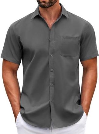 Coofandy Chemise &agrave; Manches Courtes Hommes Boutons Affaires Chemise &agrave; Manches Courtes Casual Regular Fit Shirt Summer Pocket Chemise Gris fonc&eacute; XL