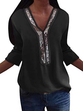 ORANDESIGNE Chemisier Femmes avec Paillettes Shirt Couleur Unie Blouse Col en V Tops T-Shirt Manche Longue Tunique Casual Chemise Printemps Automne (46, Noir)