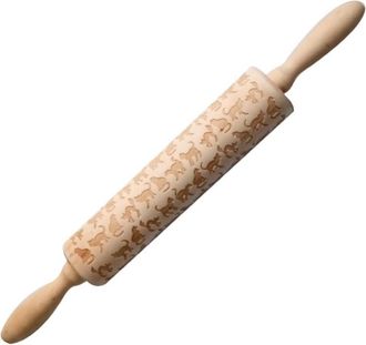 BESTONZON Holz Nudelholz Mit Katzenmuster, Präge Teigrolle Für Kekse, Pizza, Fondant, Backen Zu Hause Oder Bäckerei, Rutschfester Griff, 35Cm