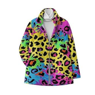 Keephen Leopard 3D Impression Femmes Polaire Veste Automne Hiver Manteaux Flou Flanelle Bouton vers Le Bas Chaud Vêtement extérieur avec Poches