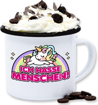 Shirtracer Emaille Tasse Blechtasse - Statement - Ich hasse Menschen - Einhorn - 300 ml - Weiß Schwarz - statements i hat people frohes neues jahr new year mit