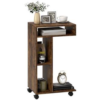 HOMCOM Beistelltisch C-Form Nachttisch mit 4 Regalen, Rollen, Couchtisch, Wohnzimmertisch Laptoptisch f&uuml;r Wohnzimmer Schlafzimmer 40 x 30 x 69 cm Rustikal-Br