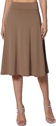 Generic Jupes mi-longues pour femme - Taille élastique - Taille élastique - Couleur basique - Polyvalente - Extensible - Évasée - Décontractée - Jupe de trava