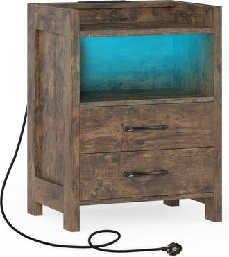 Giantex Nachttisch mit Beleuchtung und Ladefunktion, Nachtschrank mit 2 Schubladen & offenem Fach, Beistelltisch Sofatisch Kaffeetisch Holz, Nachtk&auml;stchen Box