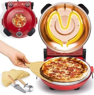 Nutrichef NutriChef Pizzaofen 30,5 cm mit Pizzastein - 430 &deg;C Ober-/Unterhitze, Sichtfenster, Thermometer, Antihaft, Kompakt, Rot - Knusprige Ergebnisse wie aus