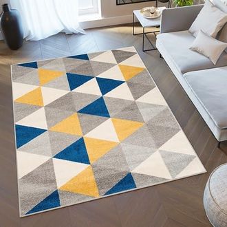 Tapiso Lazur Tapis Poil Ras Moderne Gris Cr&egrave;me Jaune Bleu G&eacute;om&eacute;trique Motif Triangles Tapis Salon Chambre Adulte Salle &agrave; Manger Bureau Oeko-TEX R&eacute;sistant 120