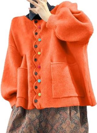 Generic Cardigan tricot&eacute; surdimensionn&eacute; pour femme avec boutons color&eacute;s et manches bouffantes avec poches, manteau de printemps pour femmes 2026, Orange, 3XL