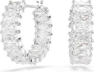 Swarovski Anneaux doreilles Matrix, Taille baguette, Blanches, Métal rhodié