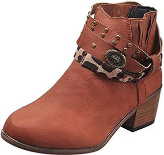 Generic Bottines pour femme - Talon bloc avec bride cloutée et bordure - Bottes classiques confortables, marron, 37.5 EU