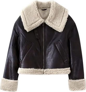 Generic Veste bomber en similicuir avec doublure en fausse fourrure pour femme - Chaud - Pour lhiver et lautomne - Pour printemps et automne, beige, XL