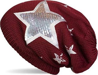 styleBREAKER Bonnet tricot&eacute; Beanie en Laine Fine Chaude recouvert de Motifs d&eacute;toiles Vintages et d&eacute;toiles en Paillettes, Unisexe 04024091, Couleur:Bordeaux-Rouge