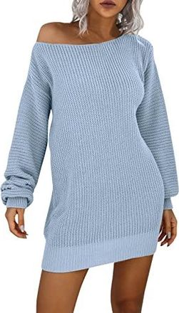 Generic 2026 Robe pull à épaules dénudées en tricot épais pour femme, bleu clair, XL