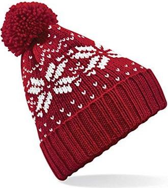 Beechfield Bonnet à pompon unisexe Fair Isle en tricot Motif étoile de neige, Rouge classique / Blanc Taille unique, taille unique