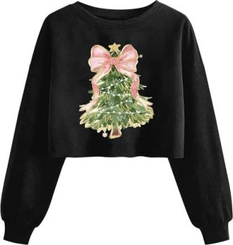 Generic Sweat-shirt court de Noël pour femme - Joli arbre de Noël - Haut court graphique à manches longues - Chemise de Père Noël décontractée à manches longu
