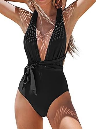 Cupshe Femme Maillot de Bain 1 Pi&egrave;ce &agrave; D&eacute;collet&eacute; Plongeant Dos Crois&eacute; Swimsuit Maillot 1 Pi&egrave;ce Maillot Noir XL